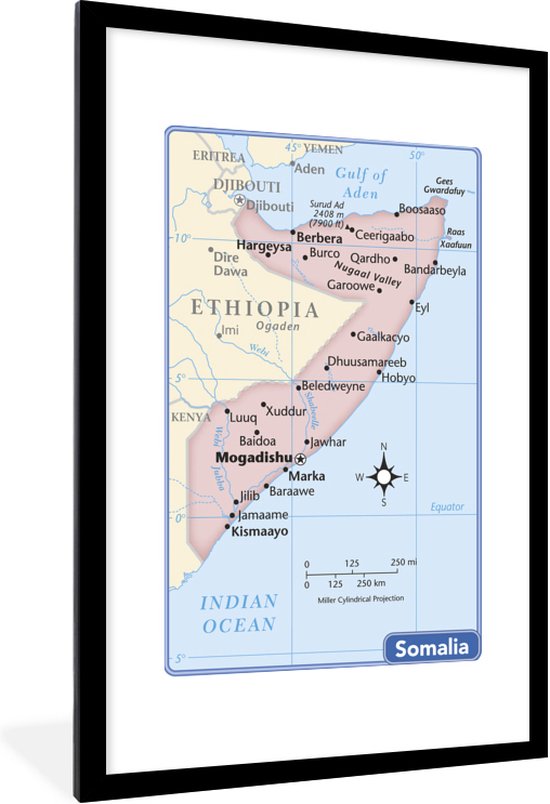 Fotolijst incl. Poster - Een illustratie van een kaart van Somalië met ...