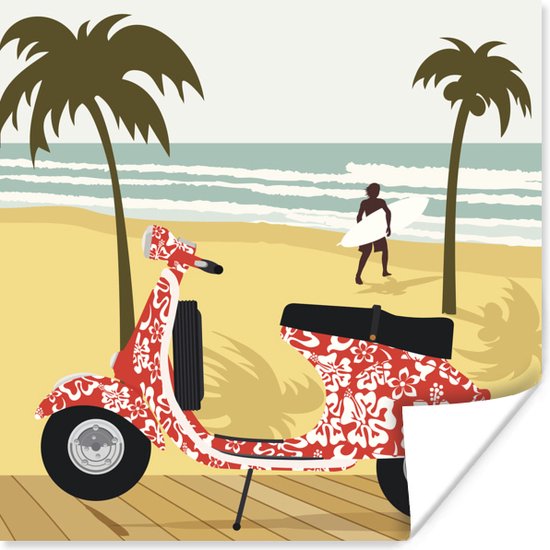Illustration d'une affiche Vespa rouge sur la plage 50x50 cm - Tirage ...