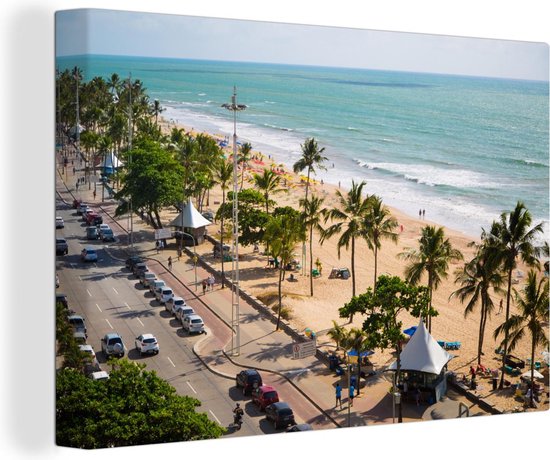 Canvas schilderij 140x90 cm - Wanddecoratie Tropische palmbomen op het strand van... | bol