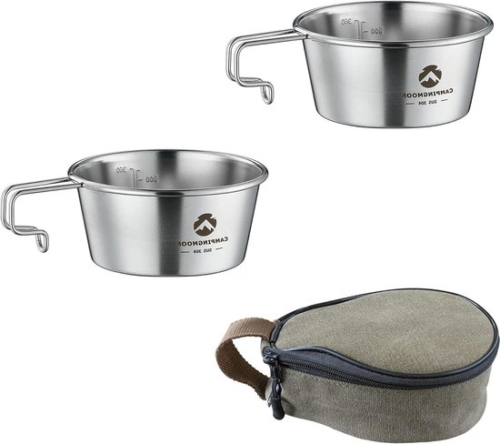 Set van 2 diepe roestvrijstalen camping Sierra Cups 450 ml met opbergtas - S-360-2P+B | bol