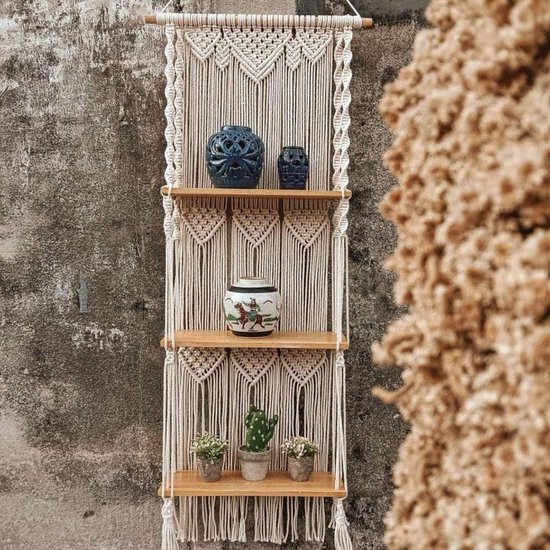 Macramé wand met 3 dieren - handgemaakt - geweven kwastjes - houten ...