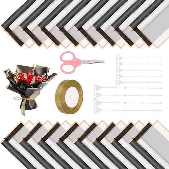 40 Sheets Gold Border White and Black Flower Wrapping Paper with Floral ...