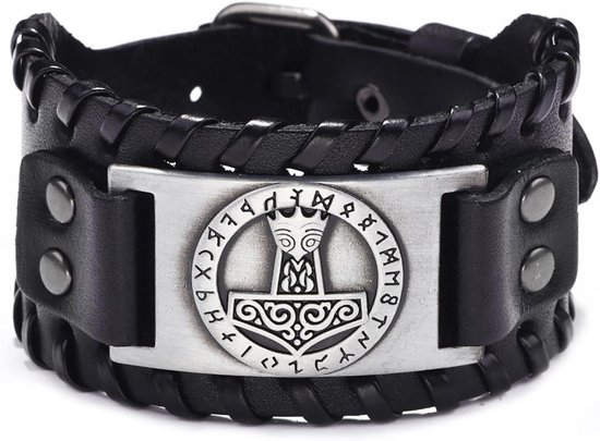 Thor's Hammer Mjolnir Leather Bracelet Nordic Rune Cuff Norwegian ...