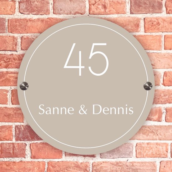 Naambordje voordeur rond beige met wit kader - 20cm rond - Incl. RVS ...