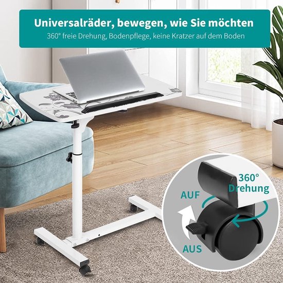 In hoogte verstelbare bijzettafel - Laptoptafel met wielen - Draagbaar bureau - Wit | bol