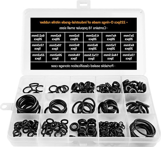 225 stuks afdichtringenset, zwart, 18 maten O-ring assortiment ...