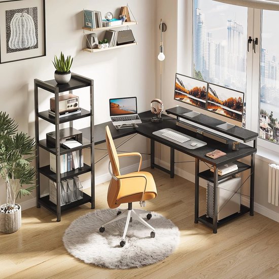 Hoekbureau met Boekenkast en Verstelbare Monitorstandaard - Perfect voor Thuis en Op... | bol