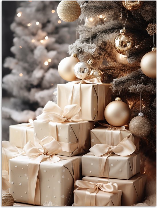 Poster 60x80 cm - Kerstboom - Cadeaus - Kerst - Kerstballen - Goud ...