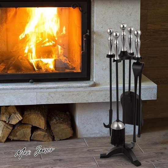 Mrs. Jones 5-delige haardset open haard gereedschap sets zilveren ...