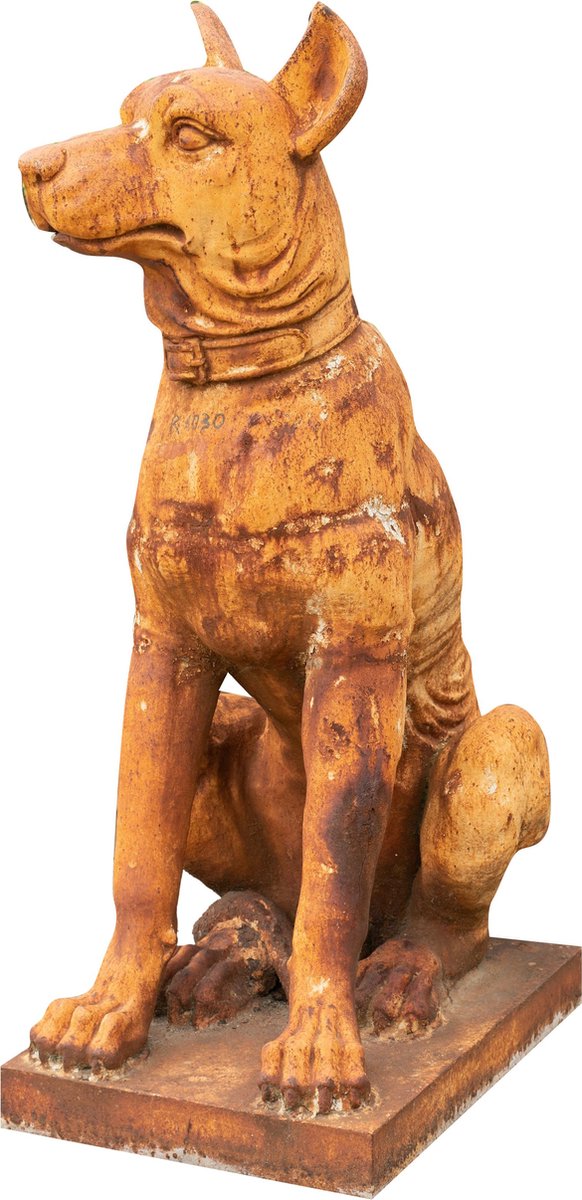 Oud beeld van een zittende hond in gietijzer | bol
