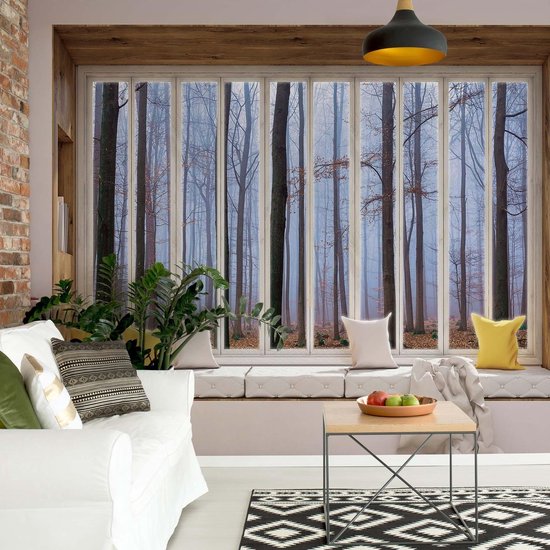 Fotobehang - Vlies Behang - 3D - Uitzicht het Bos met de Mist vanuit ...