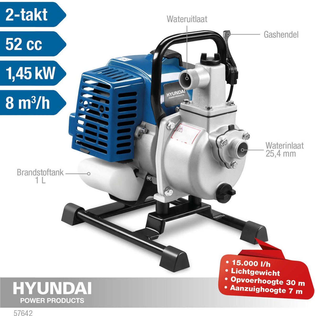 Hyundai waterpomp benzine 52 cc - schoonwaterpomp - 2-takt - 15.000 L ...