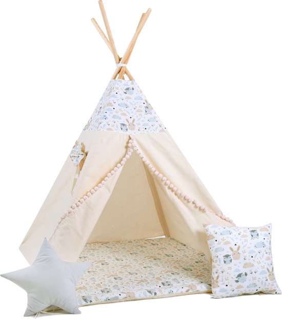 TIPI tent Pastel Friends met pompons + 2 kussens en matras | bol