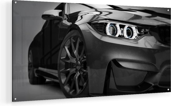 Artaza Glasschilderij - Grijze Sportwagen Auto - Zwart Wit - 90x45 ...