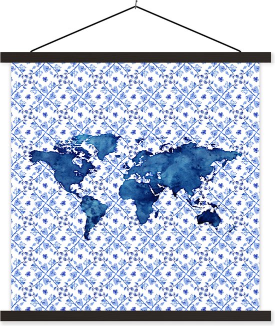 Wanddecoratie - Kaart - Wereld - Delfts blauw - Schoolplaat - 60x60 cm ...