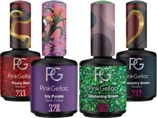 Pink Gellac Gellak Set met 4 x 15ml Kleuren - 233 Flashy Red - 328 Iris ...
