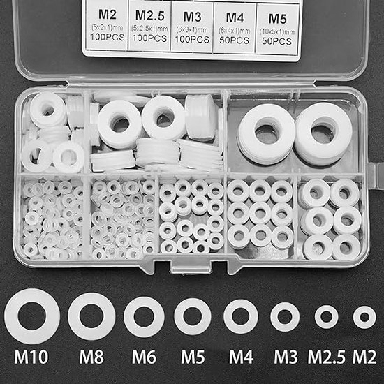 520 stuks kunststof sluitringen, nylon afstandhouder, M2, M2,5, M3, M4, M5, M6, M8,... | bol