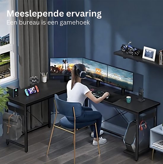 L-vormig bureau - Groot computertafel met stabiele gaming hoek en rek ...