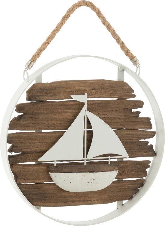 J-Line wanddecoratie Boot Rond - hout/metaal - naturel/wit | bol