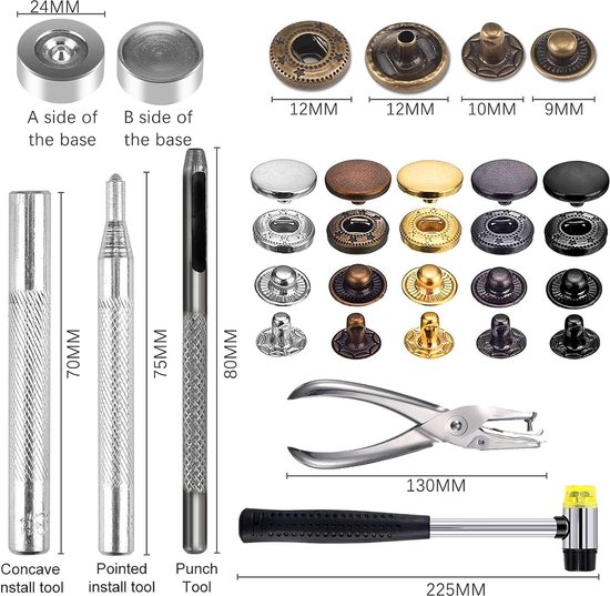 Drukknopset met tang (150 set), koperen drukknopen, metaal, brons ...