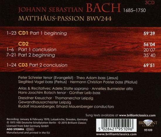 J.S. Bach Matthaus - Passion (3), Rudolf Mauersberger | Muziek | bol