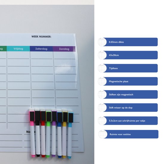 Weekplanner - Whiteboard Magnetisch - 43x30cm - inclusief whiteboard ...