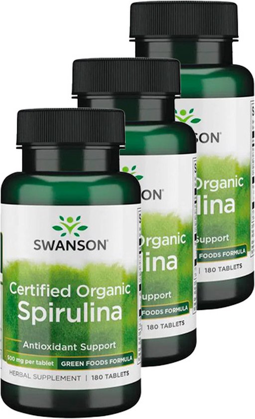 Swanson | Certified Organic Spirulina 500mg | 180 tablets | 3 stuks | 3 x 180 Capsules | bol