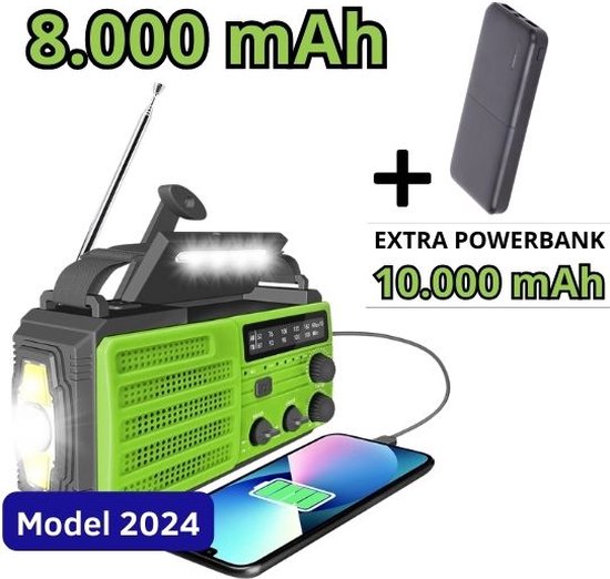 Noodradio Solar Opwindbaar - 8.000 mAh - Inclusief EXTRA Powerbank 10 ...