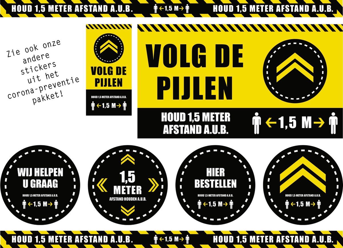 Pijl sticker. Looproute en Afstand houden, 1,5 meter vloersticker rond ...