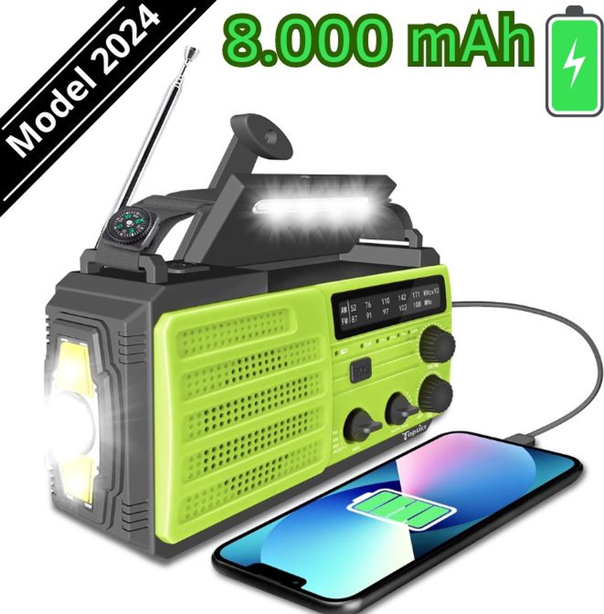 Noodradio Solar Opwindbaar - 8.000 mAh - Model 2024 - Radio op ...