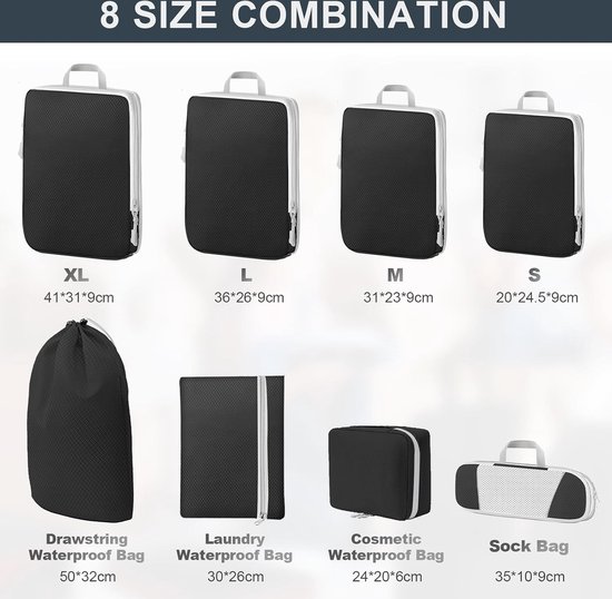 Koffer-organizerset, 8-delig, ruimtebesparende compressiekubussen met ...