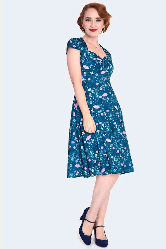 Voodoo Vixen - Moth And Flower Print Flare jurk - M - Blauw | bol