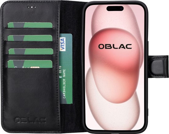 Oblac iPhone 14 Pro Hoesje van Echt Leer | Rustiek Zwart Book Case ...