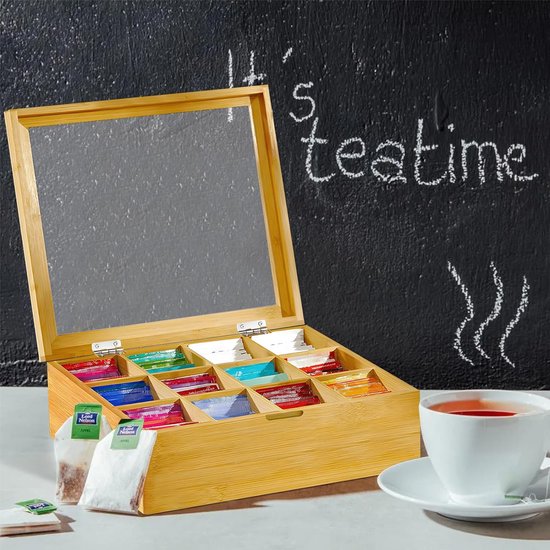 theedoos, houten theekist met 12 vakken 28 x 22,5 x 9 cm, theezakjes ...