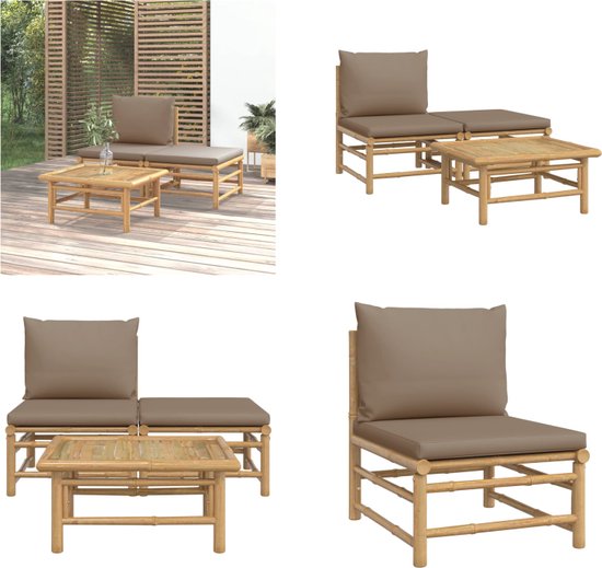 vidaXL 3-delige Loungeset met kussens bamboe taupe - Loungeset ...
