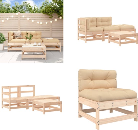 vidaXL 4-delige Loungeset met kussens massief hout - Loungeset ...