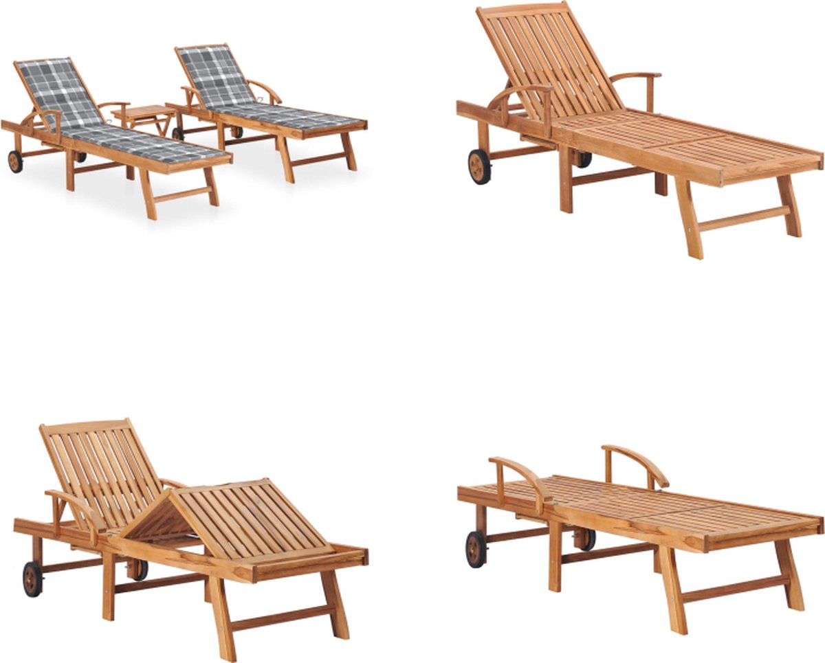 vidaXL Ligbedden 2 st met tafel en kussens massief teakhout - Ligbed ...