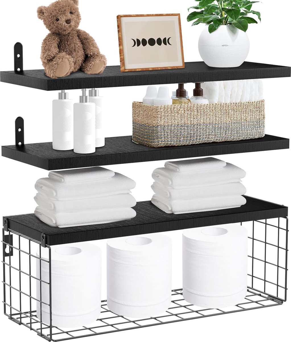 Wandplank, zwart, set van 3, zwevende plank, houten met draadmand, wandplank,... | bol