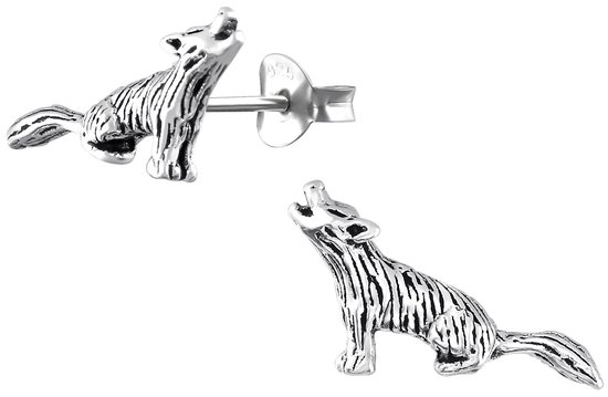 Joy|S - Zilveren wolf oorbellen - 16 x 8 mm - geoxideerd | bol