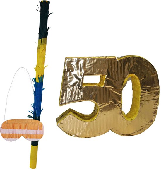 Verjaardag Pinata 50 jaar - goud - 50 x 40 cm - set met stok en masker ...
