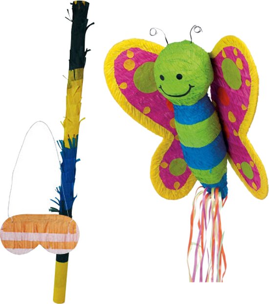 Verjaardag Pinata vlinder - 56 x 52 cm - set met stok en masker | bol