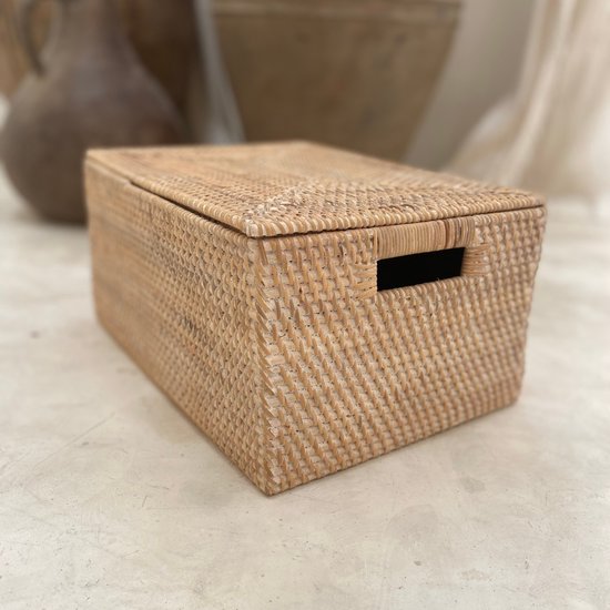 Rotan opbergmand white wash met deksel - opbergdoos - opbergbox - 35 cm x 25 cm x 16 cm | bol