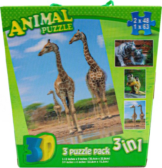 3D Animal dieren Puzzle- 3 in 1 box- 3 puzzles- giraf-tijgers en aapjes ...