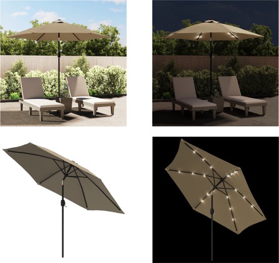 vidaXL Parasol met LED-verlichting en stalen paal 300 cm taupe ...