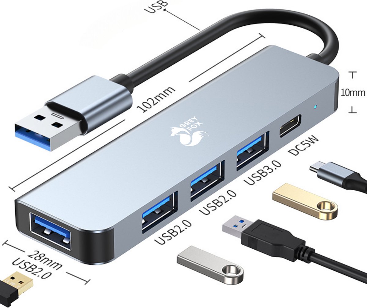 Grey Fox 5 in 1 USB Hub - USB Splitter 2.0/3.0 - USB C Type - Geschikt ...
