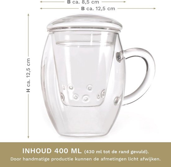 Theeglas Alles in één, Groot glazen theekopje met zeef en deksel ...