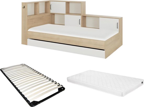 Bed met opbergruimte en laden - 90 x 200 cm - Kleur: wit en eik + bodem ...