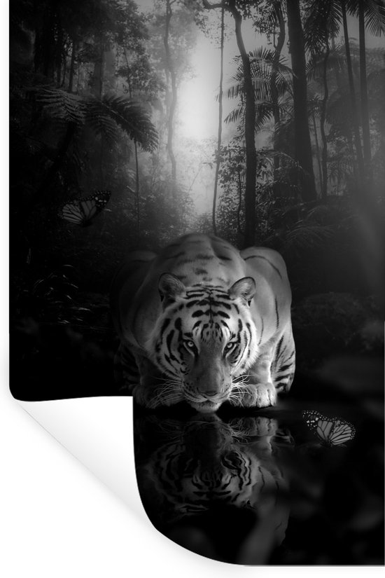 Muurstickers - Sticker Folie - Tijger bij het water in de jungle - zwart wit - 60x90... | bol