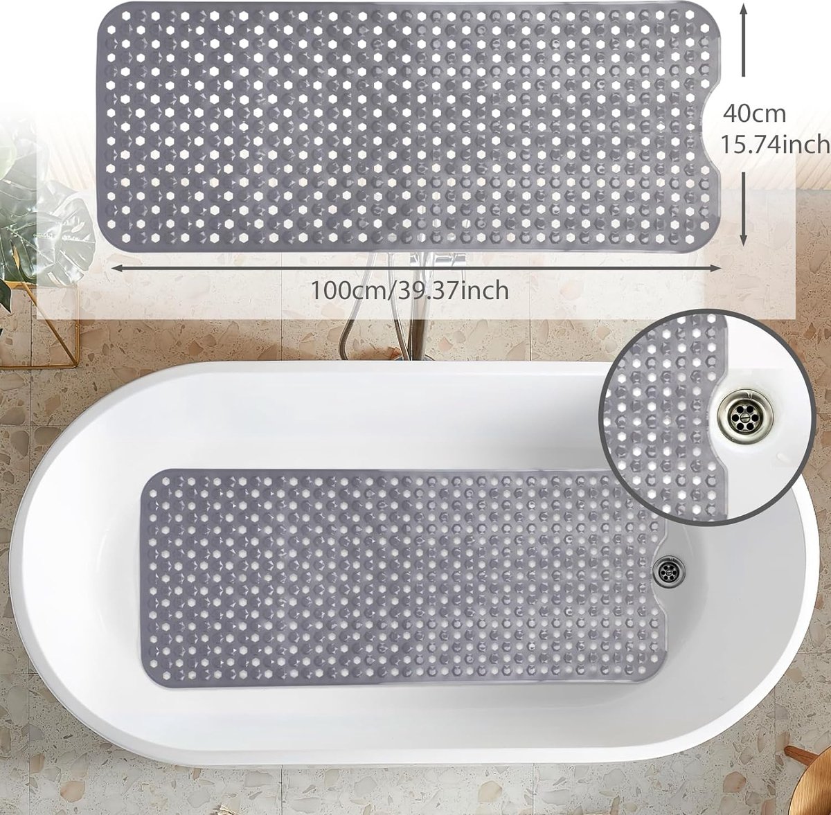 Antislip Badmat, 40 × 100 cm, douchemat met zuignappen en afvoergaten ...