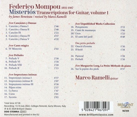 Marco Ramelli - Mompou: Misteriós, Transcriptions For Guitar, Volume 1 ...